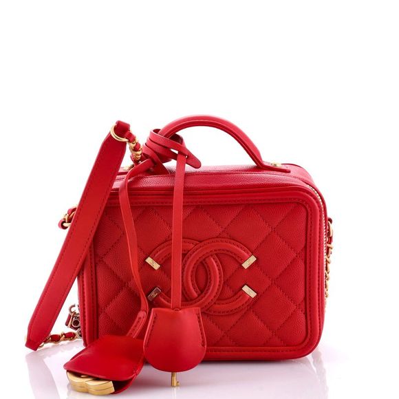 CHANEL | Bags | Chanel Filigree Vanity Case Quilted Caviar Small Red ...
